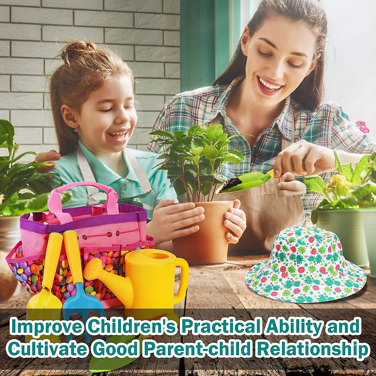 Gardening Tools Toy Set for Girls Boys with Beatiful Storage Bag, Watering Can, Gardening Gloves, Shovels, rake, Apron, Sun Hat kit for Children Kids Outdoor Play and Dress up Clothes Role Play