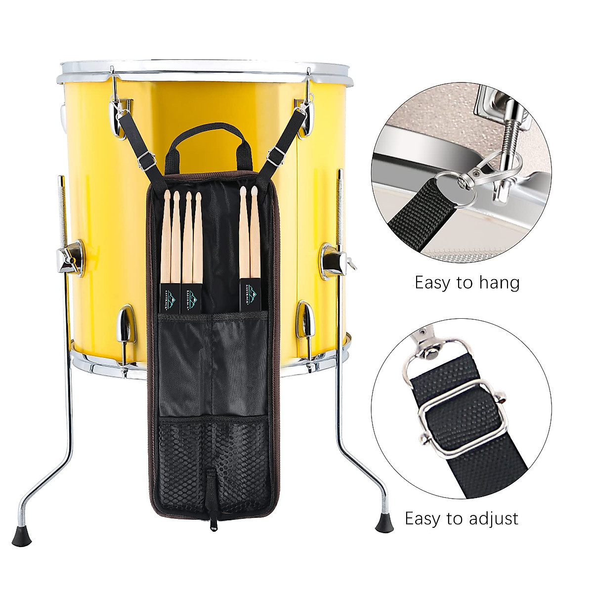 EASTROCK Drum Sticks Bag with 3 Pair Drumsticks, Drumstick Bag with Floor Tom Hook, Carrying Strap (Brown)