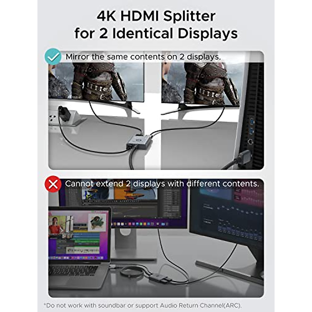 Warrky HDMI Splitter, Duplicate/Mirror, 4K HDMI Splitter 1 in 2 Out [Metal Case, Gold-Plated] with 3.3 Ft Braided HDMI Cable, Powered Splitter, 1 Source to 2 Identical Displays for TV, Projector