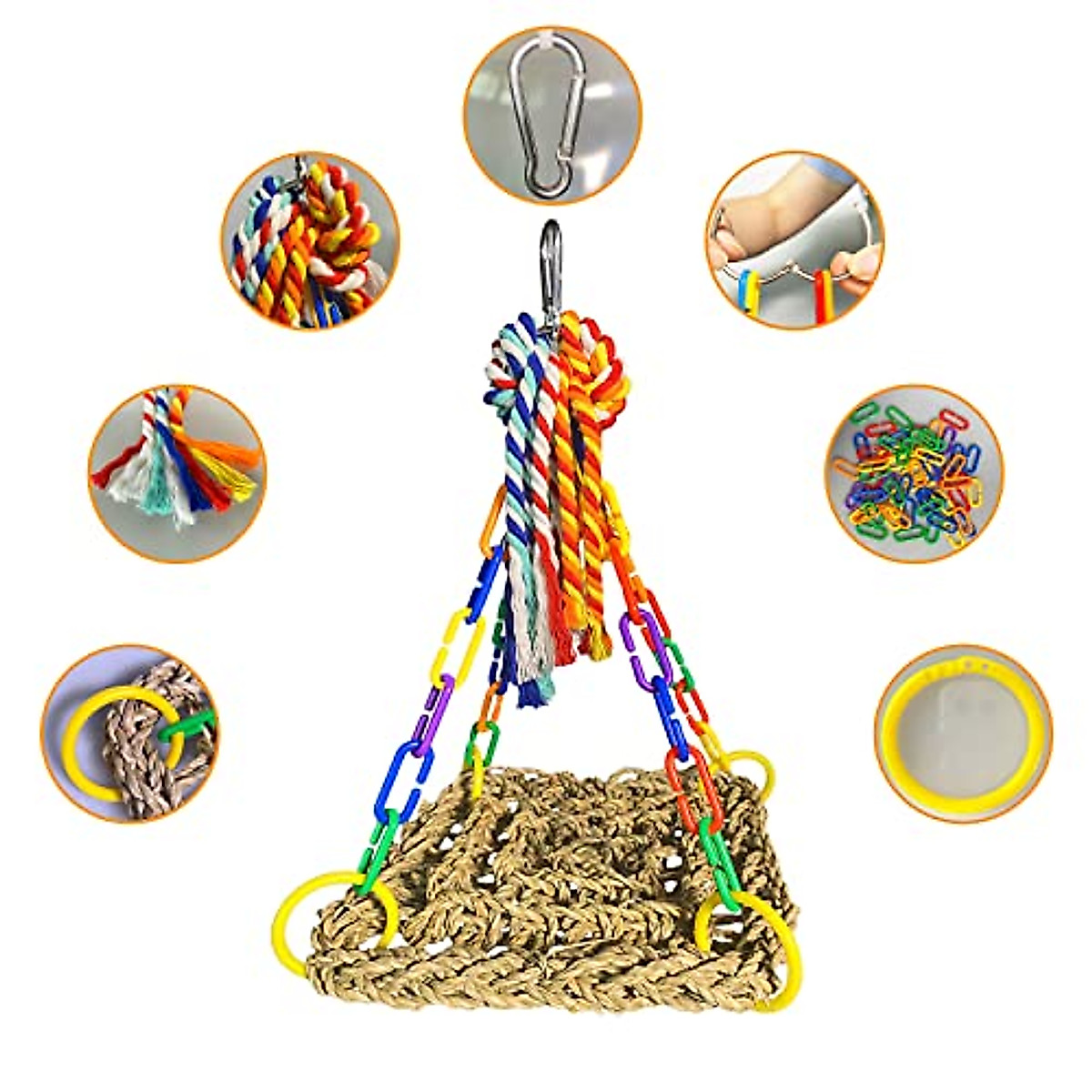 Bird Foraging Cage Toy, Seagrass Woven Climbing Hammock Swing Mat with Colorful Chewing Rope Toys, Suit for Lovebirds, Finch, Parakeets, Conure, Cockatiel