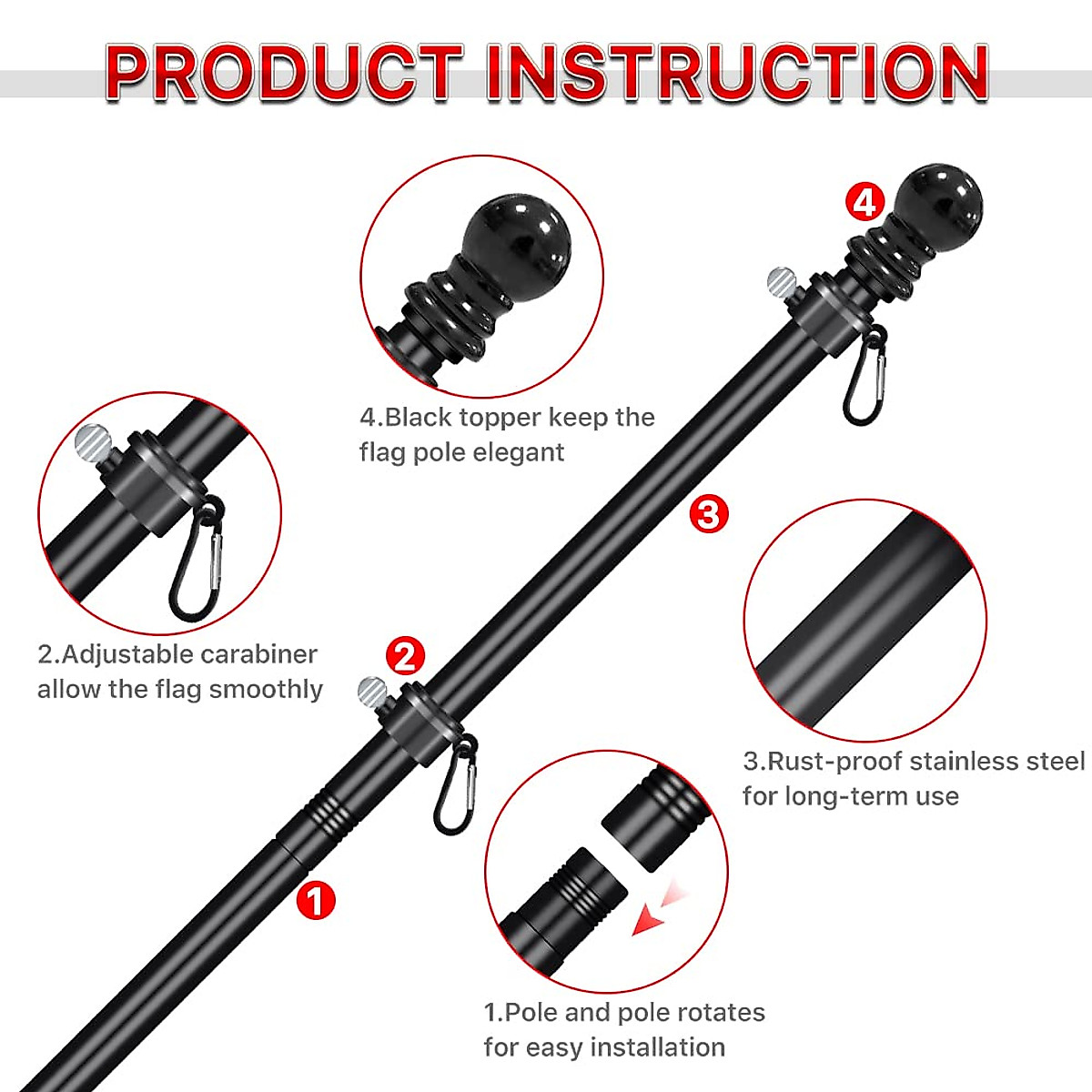 Joyday Flag Pole Kit, 5FT Flag Pole, Stainless Steel Outdoor Tangle Free Flagpole Kit for American Flag with Two 360°Rotating Rings for House Porch Garden Yard Truck Boat (Standard Kit)