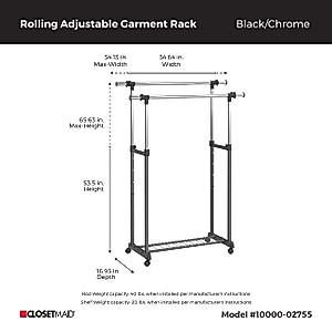 ClosetMaid Double Rail Portable Rolling Garment Rack with Shoe Shelf, Adjustable Rod Width and Height, Black/Chrome
