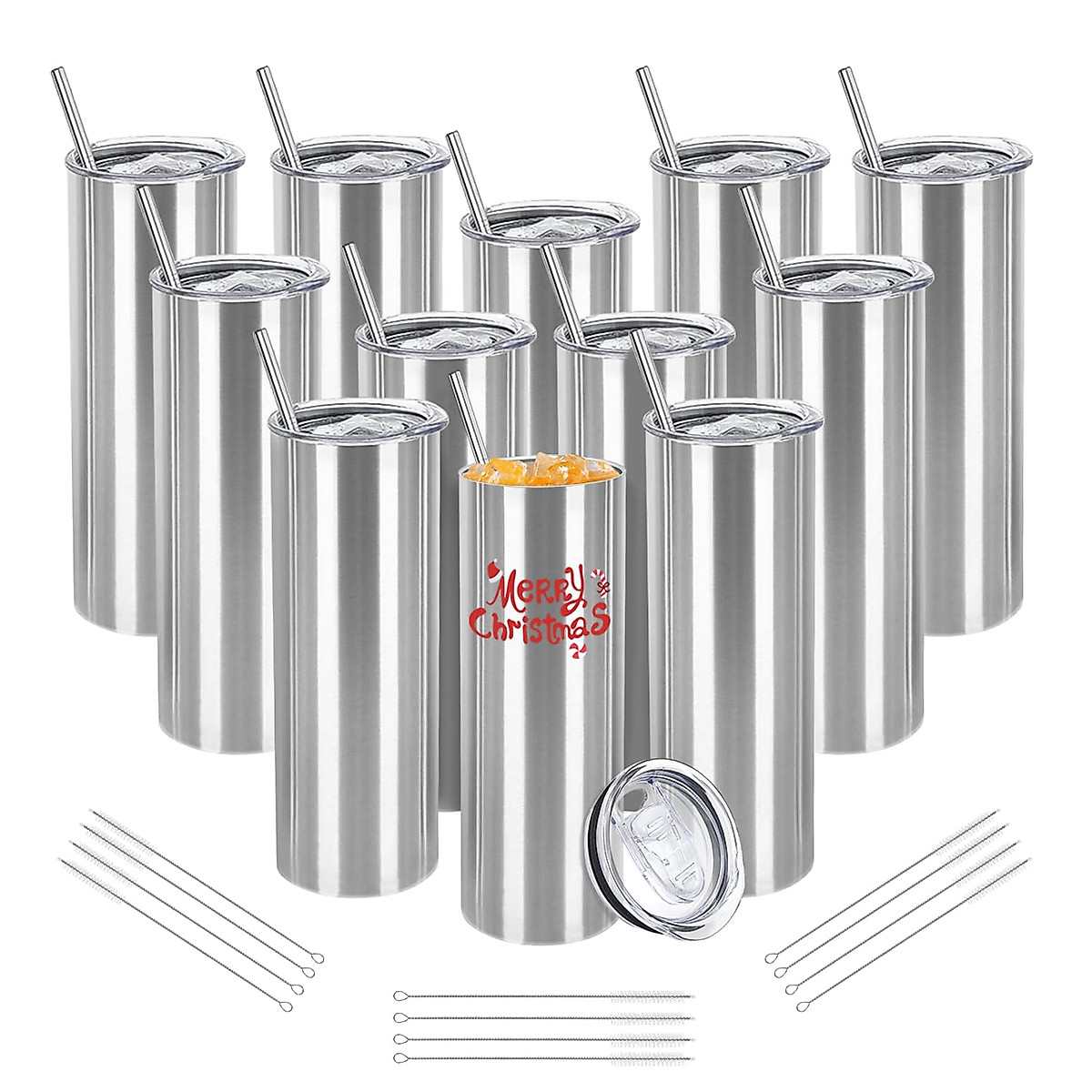 YOUKE OLA 12 Pack Stainless Steel Skinny Tumblers, 20oz Bulk Straight Double Wall Insulated Tumbler with Lid and Straw for Travel, DIY, Silver