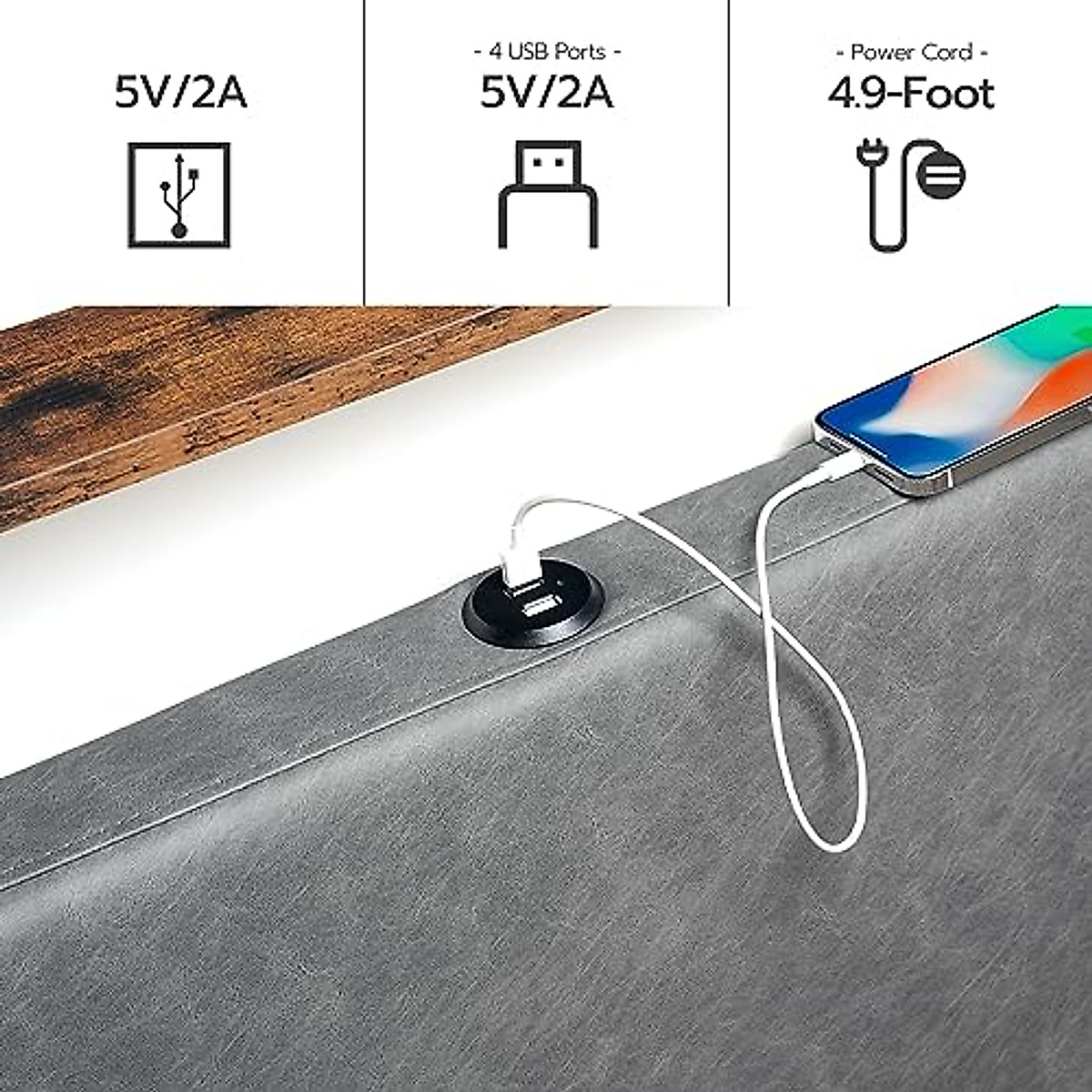 HOOBRO Queen Size Headboard, Wall Mount Hanging Headboard with 4 USB Ports and LED Light, PU Upholstery, Open Storage Shelf, for Bedroom, Bar, Dining or Entryway, Rustic Brown and Gray