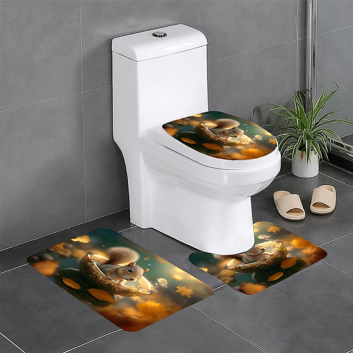 Chieraf Adorable Baby Squirrel in a Magical Acorn Boat Rugs Mats Sets Toilet Cover Cushion 3 Piece, Kitchen Sink Mat Painting Absorbent Machine Washable Non-Slip Soft Indoor Bath Mat