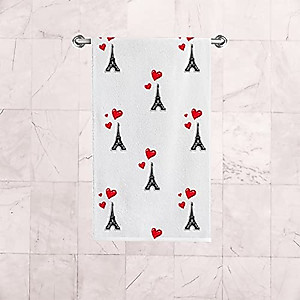 Hand Bath Towels 2 Pack Hearts and Eiffel Tower Absorbent Face Fingertip Towels for Bathroom Kitchen Gym Spa Soft Hair Drying Cloth Quick Dry, 30 x 15 Inch