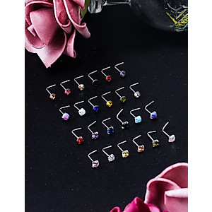 Lsnevsie Nose Rings Studs for Women 22G 316L Surgical Stainless Steel L Shaped Curved l Silver Opal Hypoallergenic Nose Stud Ring Body Piercing Jewelry for Men Diamond CZ 3mm