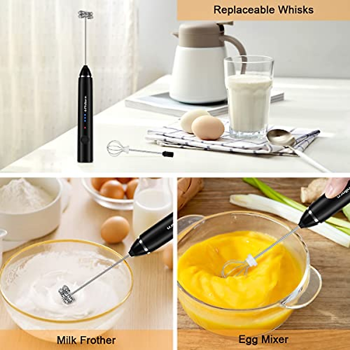 Philorn Milk Frother Handheld Rechargeable Coffee Frother - Frother Wand with 2 Heads, Electric Whisk Drink Mixer for Coffee, Mini Foamer for Lattes, Cappuccino, Frappe, Matcha, Hot Chocolate-3 Speed