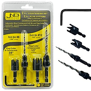 JNB Pro Wood Countersink Drill Bit Set & Wood Plug Cutters-2 Pc Adjustable Countersink Bit #8(7/64") #12(7/32") and 2 Wood Plug Cutters Dowel Cutter 3/8" & 1/2" Diameter-1 Hex Wrench-1/4" Quick Change