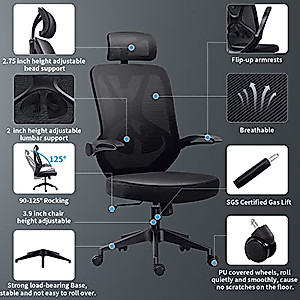 Atbang Home Office Chair Ergonomic Desk Chair High Back Flip-Up Arms Reclining Computer Chair with Adjustable Lumbar Support/headrest Rocking Function Breathable High Elasticity Mesh, Black