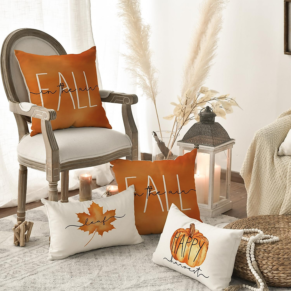 AVOIN colorlife Hello Pumpkin Fall Happy Harvest Maple Leaf Throw Pillow Covers, 18 x 18 Inch Pillows Autumn Seasonal Cushion Case for Sofa Couch Set of 4
