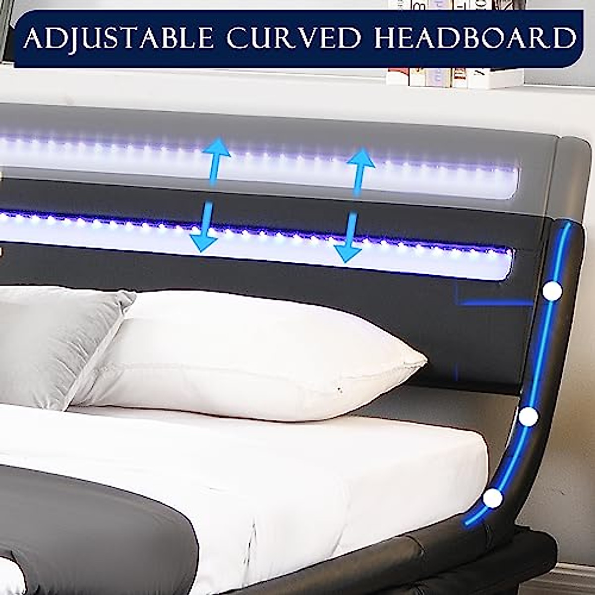 HAUSHECK King Size Upholstered Platform Bed, LED Bed Frame with Lights Headboard, Modern Faux Leather Bedframe No Spring Box Needed for Kids, Teen & Adults, King Beds with Strong Wood Slats Support