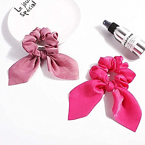 Bow Scrunchies For Long Hair - 8 Pcs Chiffon Satin Scrunchies Silk With Bow Scarf, Solid Stripe Flower Color Bow Scrunchies, Ponytail Holder With Tail, Rabbit Bunny Ear Bowknot Hair Accessories (A4)