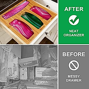 Ziplock Bag Storage Organizer For Drawer, Bamboo Food Storage Bags Dispenser For Kitchen Pantry, Baggie holder With Openable Top Lids Compatible With Gallon, Quart, Snack & Sandwich Variety Size Bags