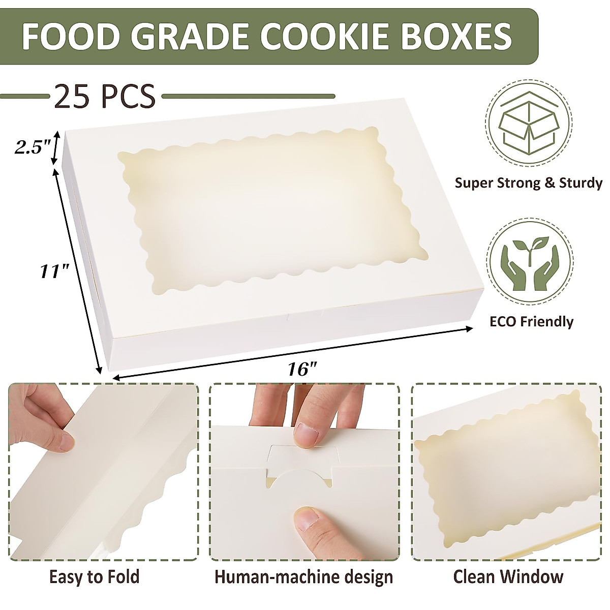 TOMNK 25pcs Cookie Boxes with Window, 16x11x2.5in Large Bakery Boxes for Treats, Desserts, Chocolate Covered Strawberries, Pies, Muffins, Donuts