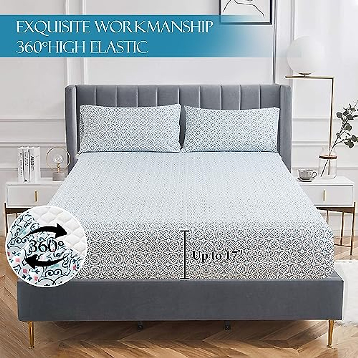 KACEMOO Printed Sheet Set Full Size Bed 4PC Blue Floral Sheets Boho Pattern Sheets Cooling 17 Inches Deep Pocket Brushed Microfiber Bed Sheets, Luxury, Soft, Breathable, Hypoallergenic, Wrinkle Free