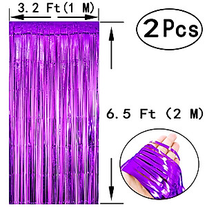 Black Purple Metallic Tinsel Foil Fringe Curtain - Video Game Birthday Baby Shower Graduation Halloween Retirement Bachelorette Wedding Anniversary Carnival Party Photo Booth Backdrop Decoration, 4pc