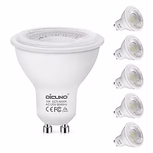 DiCUNO GU10 LED Bulbs 5W Daylight White, 6000K, 500lm, 45 Degree Beam Angle, Spotlight, 50W Halogen Bulbs Equivalent, Non-dimmable MR16 LED Light Bulbs, 6-Pack