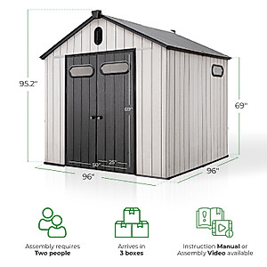 EconoHome 8x8 Ft Outdoor Storage Shed with Floor - Waterproof Shed with Lockable Door for Garden - Backyard, Tool Storage Use - Grey