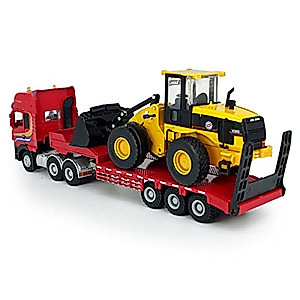Flatbed Truck Toy with Excavator Loader Tractor Bulldozer Semi Tow Truck Transport Trailer Metal Diecast Construction Vehicles 2 in 1 Vehicle Playset Friction Powered Toy Trucks for Boys Kids Gift red