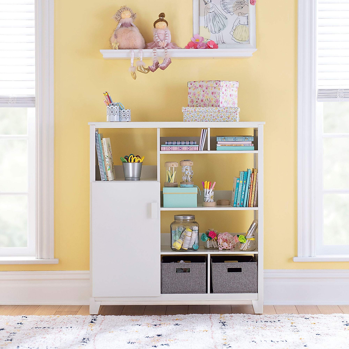 Martha Stewart Kids' Media System - Creamy White: 43 Inch Wooden Cubby Storage Organizer Bookcase with Fabric Bins for Bedroom and Playroom
