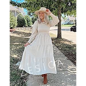 ZESICA Women's 2023 Casual Long Sleeve Crew Neck High Waist Smocked Flowy Tiered Midi Dress,Beige,Medium
