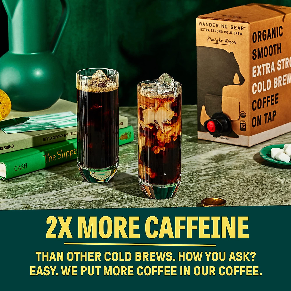 Wandering Bear Straight Black Organic Cold Brew Coffee On Tap, 96 fl oz - Extra Strong, Smooth, Unsweetened, Shelf-Stable, and Ready to Drink Iced Coffee, Cold Brewed Coffee, Cold Coffee