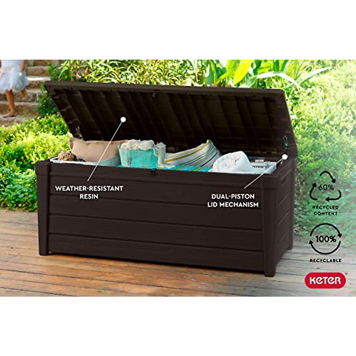 Keter Brightwood 120 Gallon Outdoor Resin Garden Patio Storage Furniture Deck Box