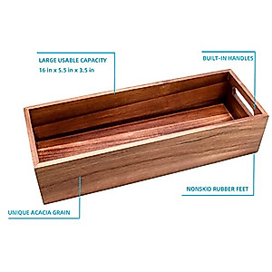 DUCIHBA, Natural Acacia Hardwood Bathroom Tray with Handles for Organizing Toiletries and Accessories - Large 16.5x6 in Size for Countertop, Shelf, or Tank Top Storage
