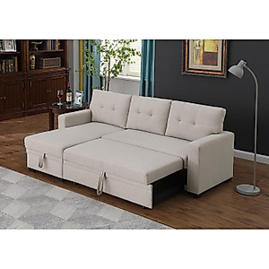 HomeStock City Chic L-Shaped Fabric Reversible, Easy Convertible Pull-Out Sleeper Sectional Sofa/Storage Chaise with Tufted Back Cushions and Track Arms-Beige