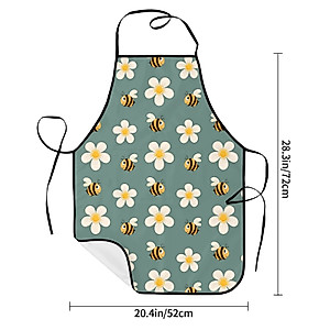 weecool Retro Daisy and Bee Apron for Men Women with 2 Pockets, Bee Print Waterproof Adjustable Aprons for Cooking Painting