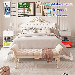 LTTDOUK LED Nightstands Set of 2 with Charging Station, Bedside Tables with USB Ports and Outlets, End Table with Fabric-Wood 2-in-1 Drawer, White Side Table for Bedroom, Living Room