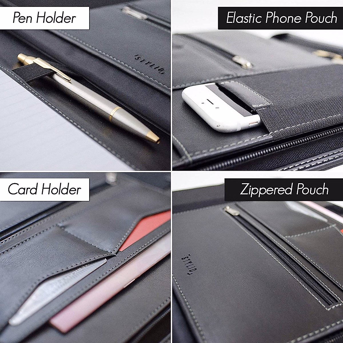 STYLIO Zippered Padfolio Binder (Black) and Slim Leather Wallet (Brown) Bundle. Perfect for Documents, iPad/Tablet, Notepad, Business Cards, IDs and Bills. Great Gift Bundle.