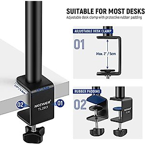 NEEWER Extendable Camera Desk Mount with 1/4" Ball Head, 17”-40” Adjustable Table Light Stand with 1/4" Screw Adapter and C Clamp for DSLR Camera, Ring Light, Live Stream, Vlog, Max Load: 6.6lb/3kg