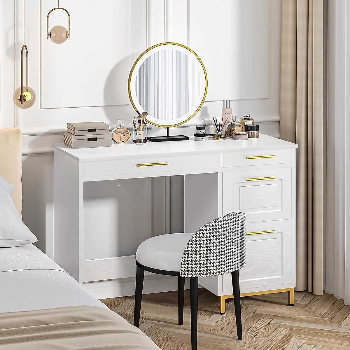4 EVER WINNER White Desk with Drawers, 43” Home Office Small Desk with Drawers, Gold Hardware for Small Space, White and Gold Desk Writing Study Table for Bedroom