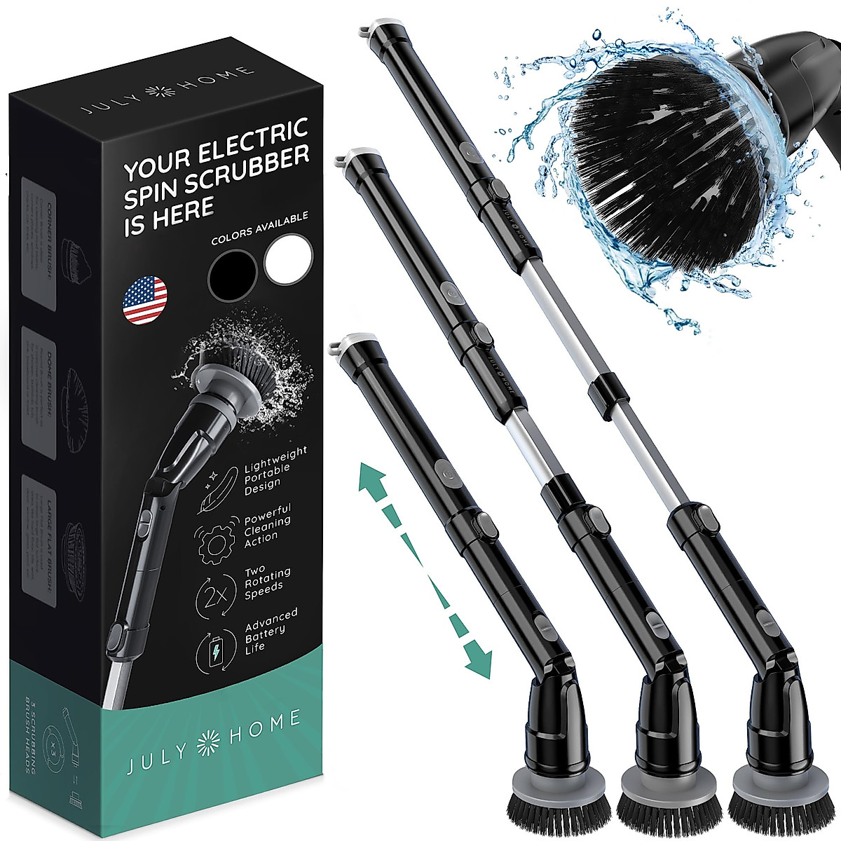 JULY HOME Electric Spin Scrubber with Adjustable Extension Shower Scrubber Brush, Cordless Automatic Power Scrubber for Shower, Cleaner for Tile, Floor, Long Handle & 3 Brush (Packaging May Vary)