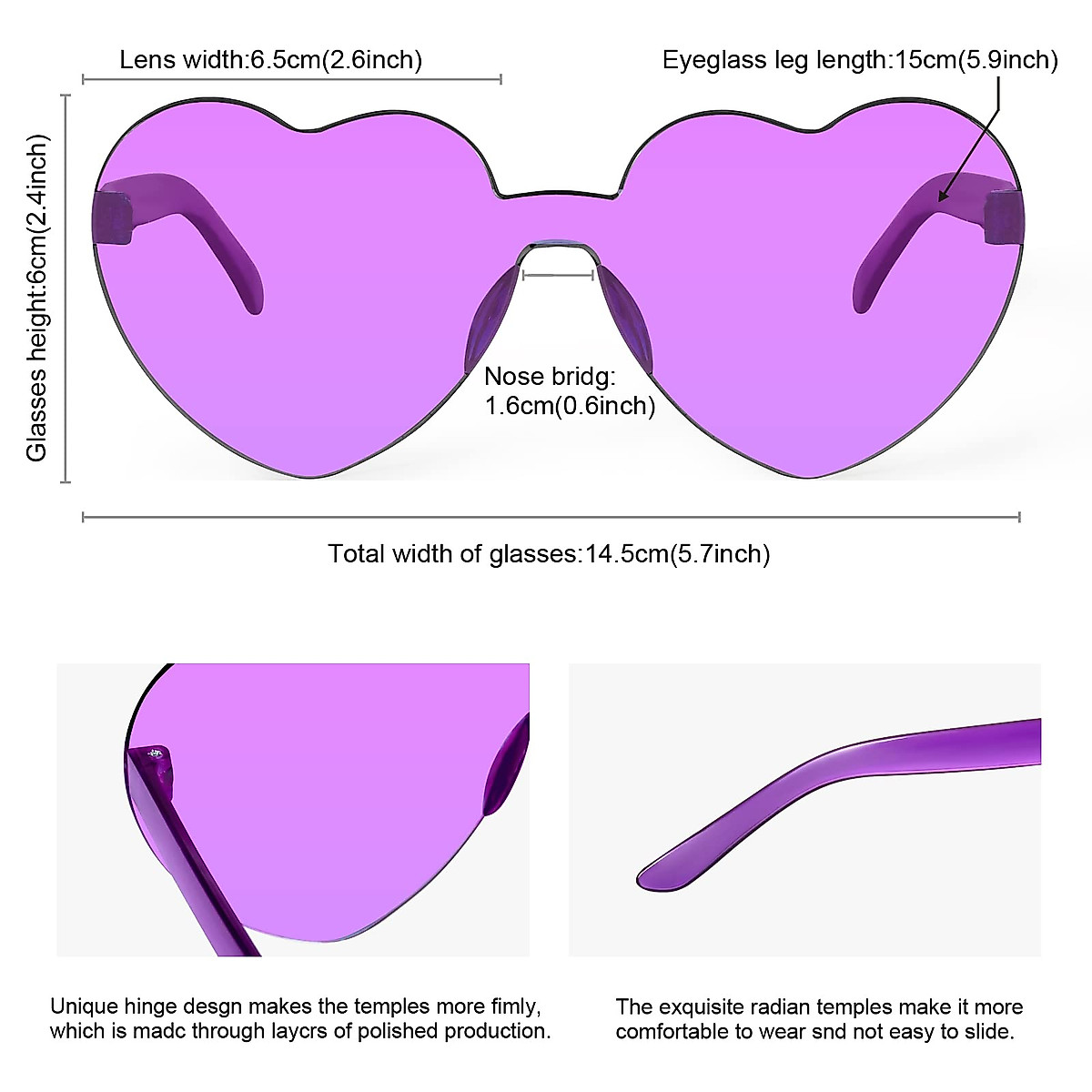 JFTOWN 12 Pairs Heart Shape Rimless Valentines Sunglasses Candy Color Frameless One Piece Love Glasses for Women Party Favor (Purple)