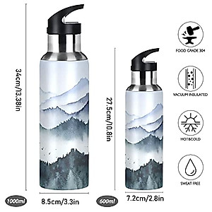 Kigai Mountain Watercolor Painting Stainless Steel Sports Water Bottle BPA-Free Vacuum Insulated Leakproof Wide Mouth Flask with Straw Lid Keeps Liquids Cold or Hot for Gym Travel Camping