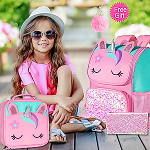 KLFVB 3PCS Girls Backpack , 15" Sequin Unicorn Bookbag with Lunch Box, Kids Preschool School bag for Elementary Students - Pink