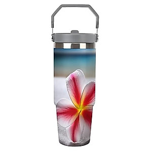 BWQJKUO Large Capacity Car Cup 30 Oz Stainless Steel Tropical Flower And Zen Stone Printed Travel Mug Leak-proof Flip Straw Tumbler with Handle,keeps Cold Or Ho