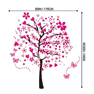 LiveGallery Removable Huge Pink Cartoon Heart Flower Tree Wall Decals Red Butterfly Wall Stickers Home Art Decor for Kids Girls Babys Bedroom Nursery Room Living Room Decorations