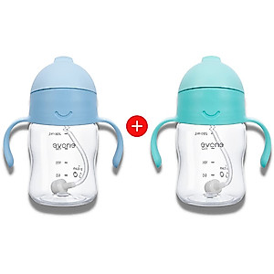 Evorie Tritan Weighted Straw Baby Sippy Cup 7 Oz Leak Poof with Handles for 6 Months Above, Twin Bundle (BlueMoon + Mint)