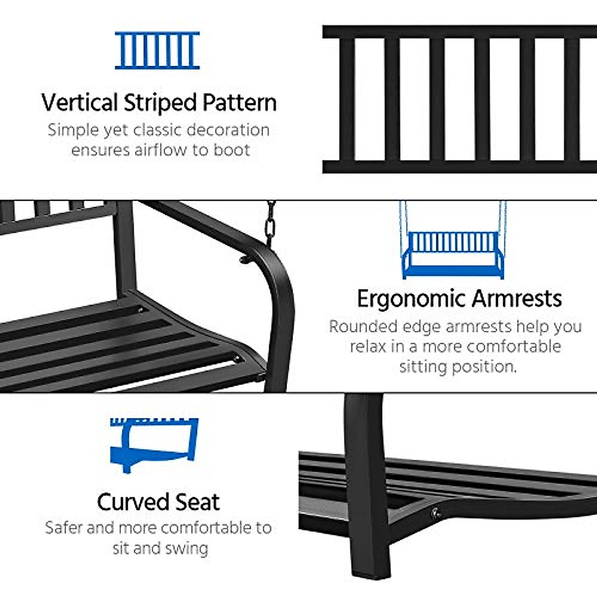 Yaheetech Porch Swing Hanging Bench, Patio Furniture Metal Swing Chair for Garden, Yard, Deck, Backyard, Outdoor - Black