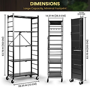 Regaliance Foldable Shelves with Wheels | 5-Tier Metal Shelving Unit - Tiered Shelf Organizer Solution - Strong & Stylish. Use Anywhere from Kitchen Racks and Shelves to Laundry Room Storage Rack