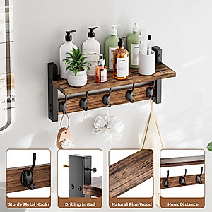 VITVITI Coat Rack Wall Mount with Shelf, Wood Entryway Coat Hanger with 5 Metal Hooks, Farmhouse Hat Coat Rack for Wall Living Room/Bathroom/Kitchen, Rustic Brwon