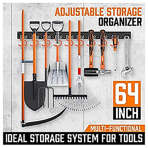 HORUSDY 64 Inch Adjustable Storage System, Wall Mount Tool Organizer, Tool Hangers for Mop and Broom Holder Shovel, Rake, Broom, Mop Holder, Etc.