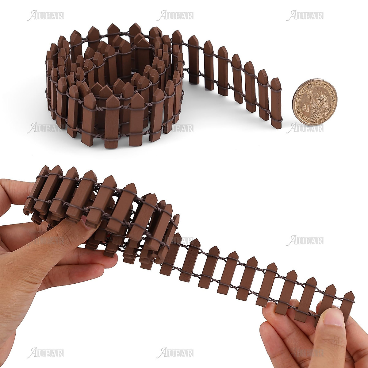 AUEAR, 2 Pack 35 Inch Long Mini Fairy Garden Fence Wood Ornament Wooden Decorative Picket for DIY Crafts Project (Brown, 2-Pack)