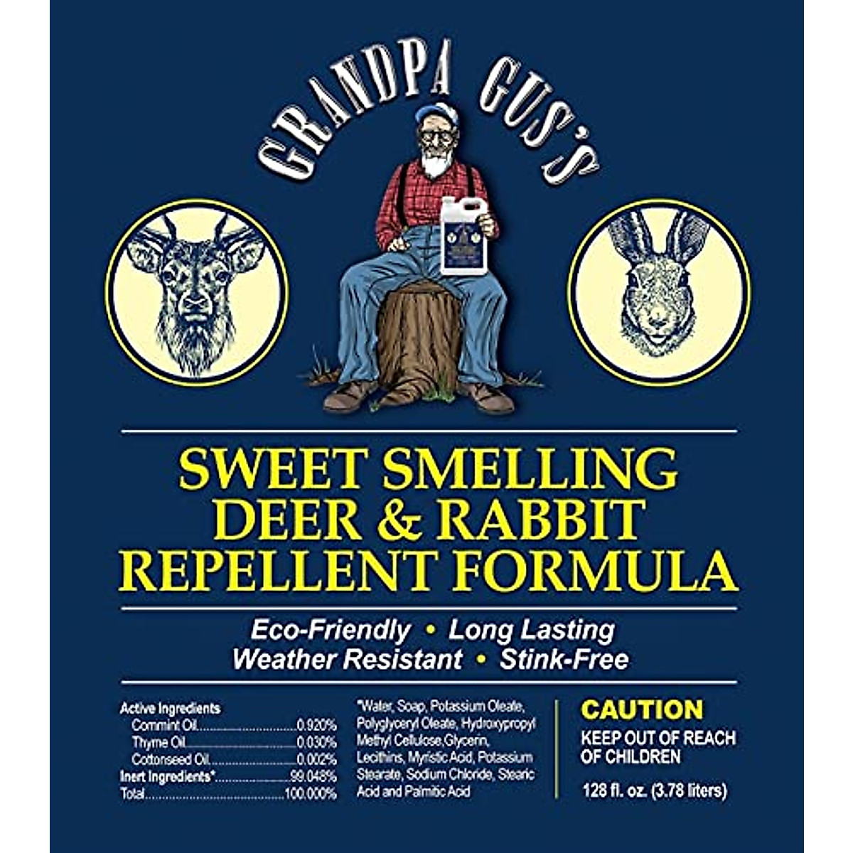 Grandpa Gus's Deer & Rabbit Repellent Spray with Extended Hose; Protects Garden & Yard, Sweet Smelling Formula with Natural Essential Oils, Weather-Resistant Stink-Free Long-Lasting Scent, 128 oz