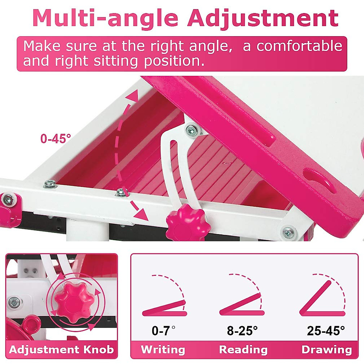 FDW Kids Desk Children Writing Student Desk Drafting Table Height Adjustable Study Table and Chair with Drawers Storage，Pink