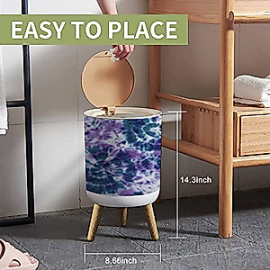 Small Trash Can with Lid Tie dye shibori seamless Watercolor hand painted purple indigo blue Garbage Bin Wood Waste Bin Press Cover Round Wastebasket for Bathroom Bedroom Diaper Office Kitchen